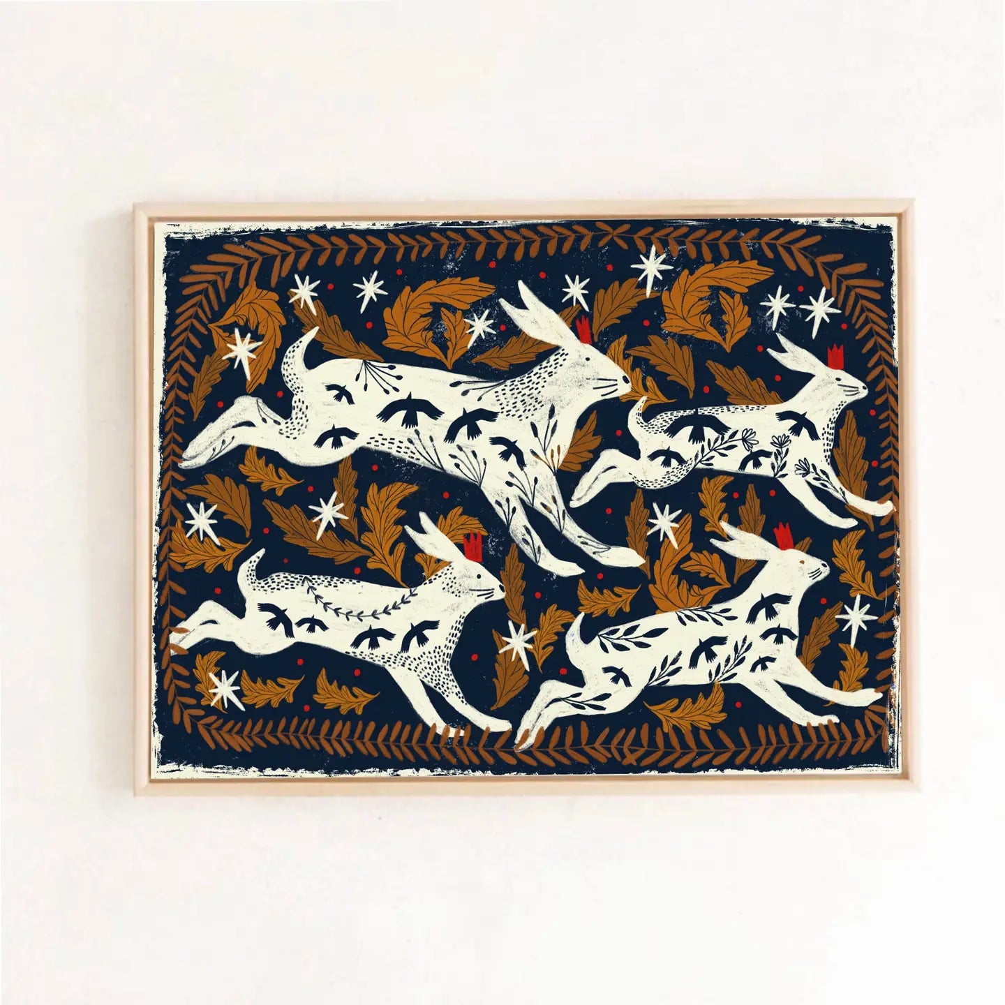 Carole Hilman French Folk Hares Dark Blue Unframed Print A4